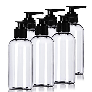 Aromine Essentials 4oz Plastic Clear Bottles (6 Pack) BPA-Free Squeeze Containers with Pump Cap, Labels Included