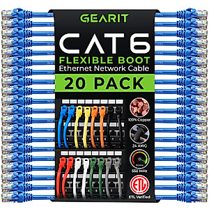 GearIT 20-Pack Cat6 Patch Cable 10 Feet Cat 6 Ethernet Cable Snagless Flexible Soft Tab - Preimum Series - Blue