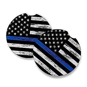 Thin Blue Line | Car Coasters for drinks Set of 2 | Perfect Car Accessories with absorbent coasters. Car Coaster measures 2.56 inches with rubber backing.