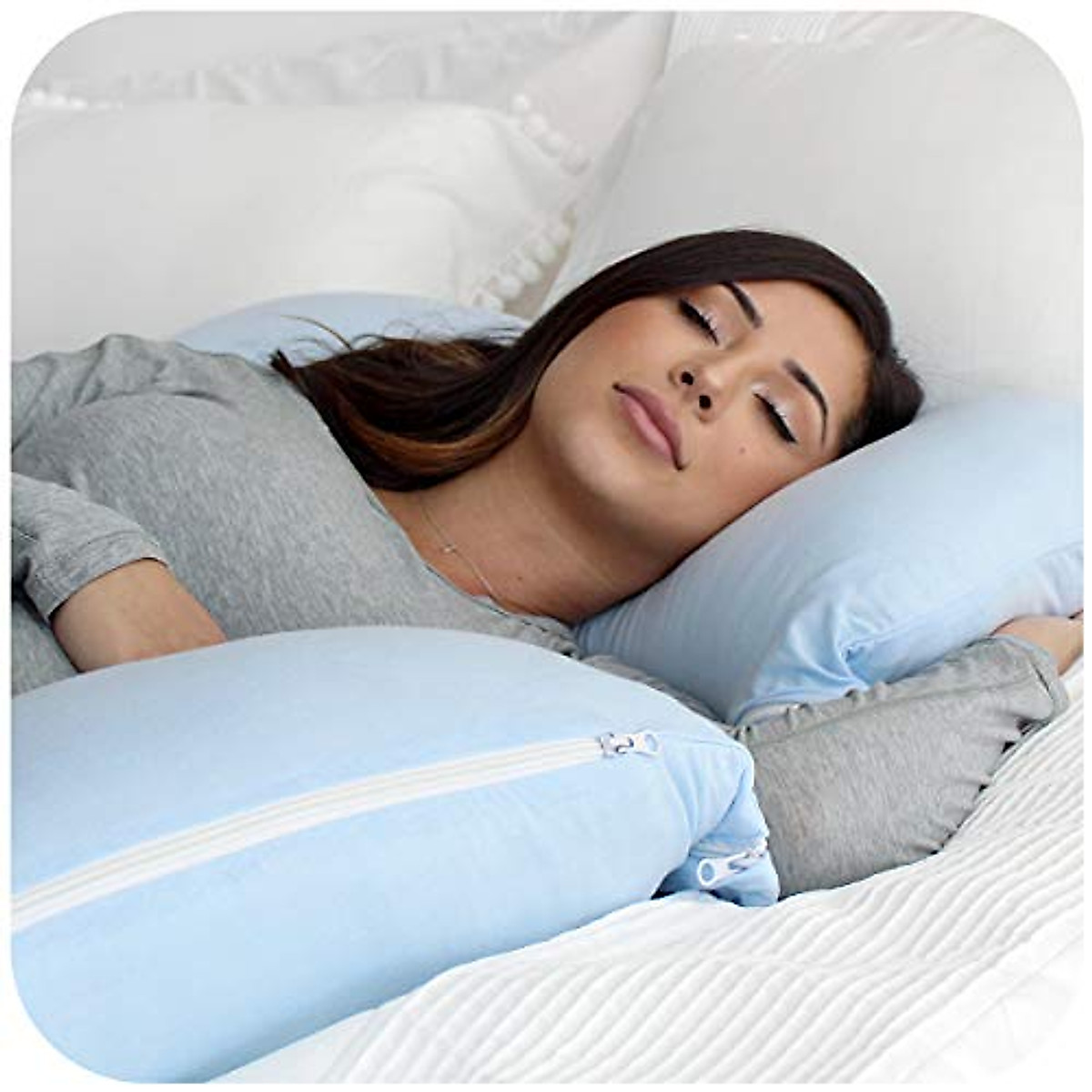 Pharmedoc Pregnancy Body Pillow Cover Replacement for U Shaped Body Pillow with Detachable Extension ONLY- Jersey Cover Only - Light Blue