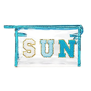 Y1tvei Preppy Patch SUN Varsity Letter Cosmetic Toiletry Bag Transparent PVC Zipper Makeup Bag Clutch Purse Portable Waterproof Travel Organizer Compliant Bag for Women Girls Teens (Blue)