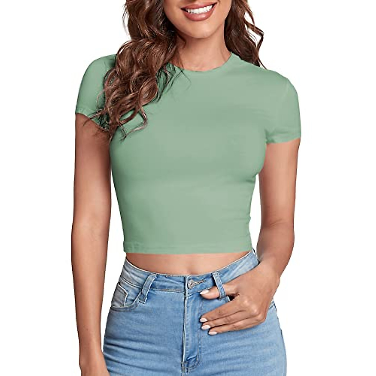 Verdusa Women's Casual Basic Cap Sleeve Slim Fitted Round Neck Crop Tee Top Mint Green M