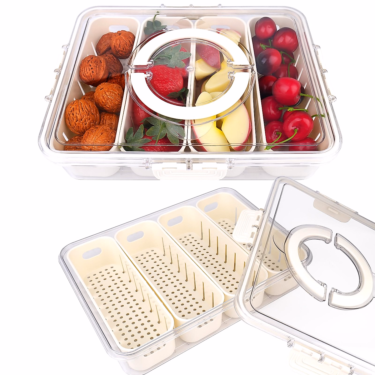Edovagixa Veggie Tray Snackle Box Container: 4 Compartment Divided Serving Tray with Lid & Handle - Airtight Food Friut Snacks Storage Containers,Snack Box Candy Organizer for Picnic Travel Party