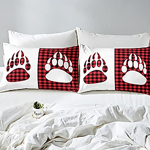 Manfei Kids Bear Paw Print Duvet Cover Set Full Size, Wildlife Footprint Bedding Set 3pcs for Boys Girls Room Decor, Red Black Plaid Print Comforter Cover Animal Theme Quilt Cover with 2 Pillowcases