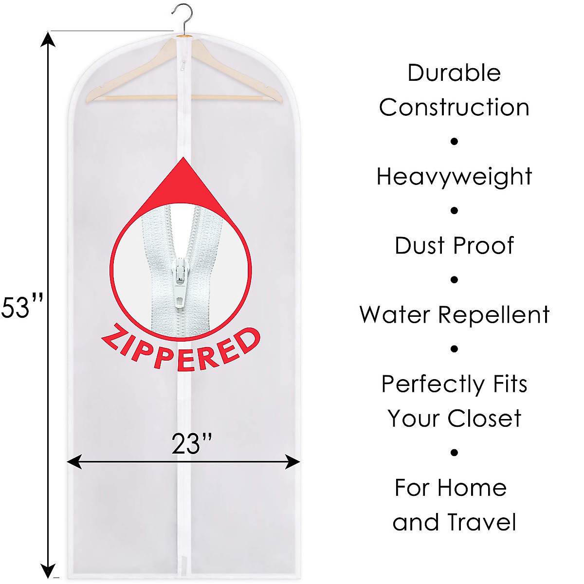 SteadMax Zippered Garment Bag, Large 53 x 23 inches, Dress Bag for Gowns, Suits, Jackets, Dresses, Hanging Clothing Storage Bag, Water Repellent, Dust Proof, Clear (1 Pack)