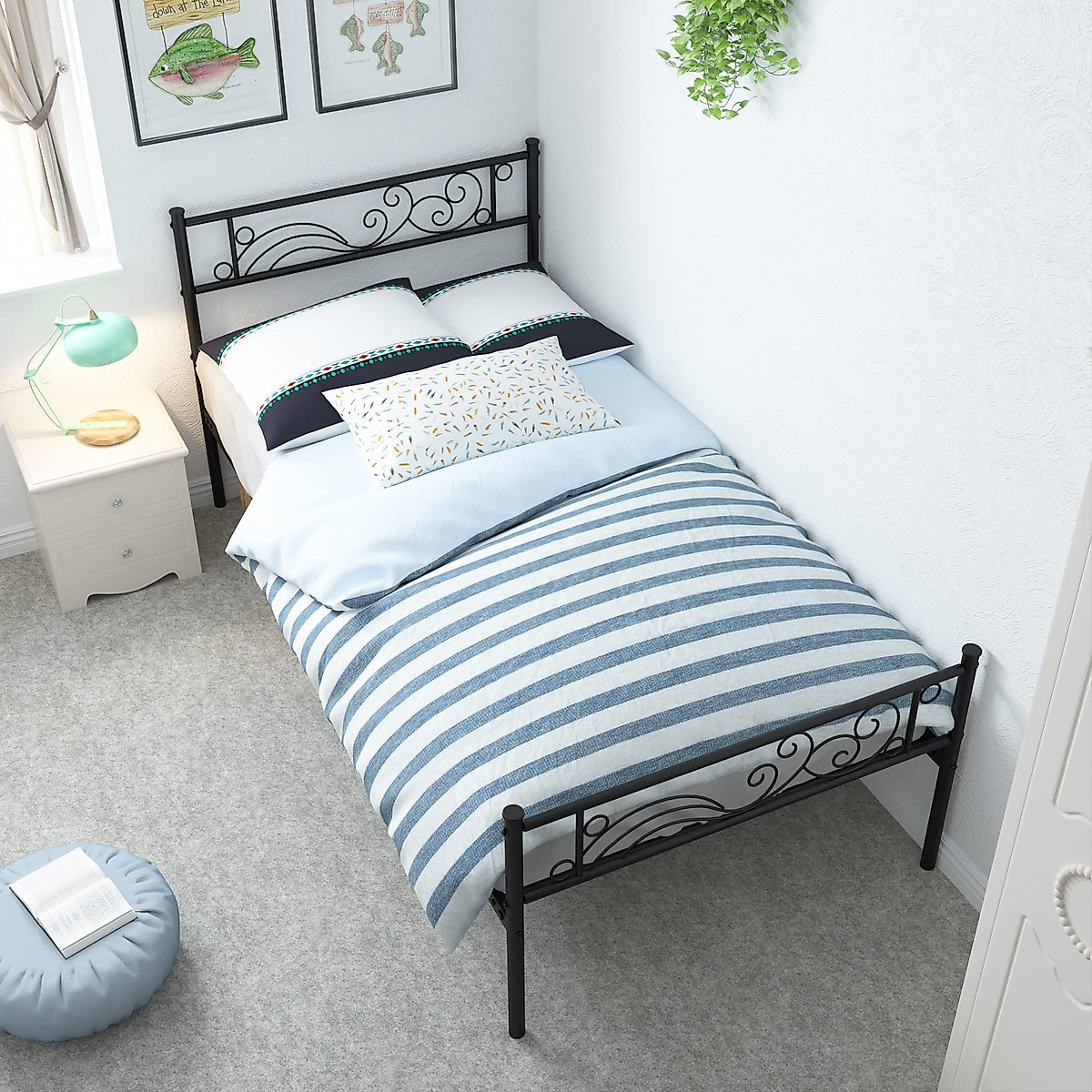 Weehom Metal Twin Bed Platform Frame Heavy Duty Steel Slat Under Bed Storage Bed Frame with Headboard, Black