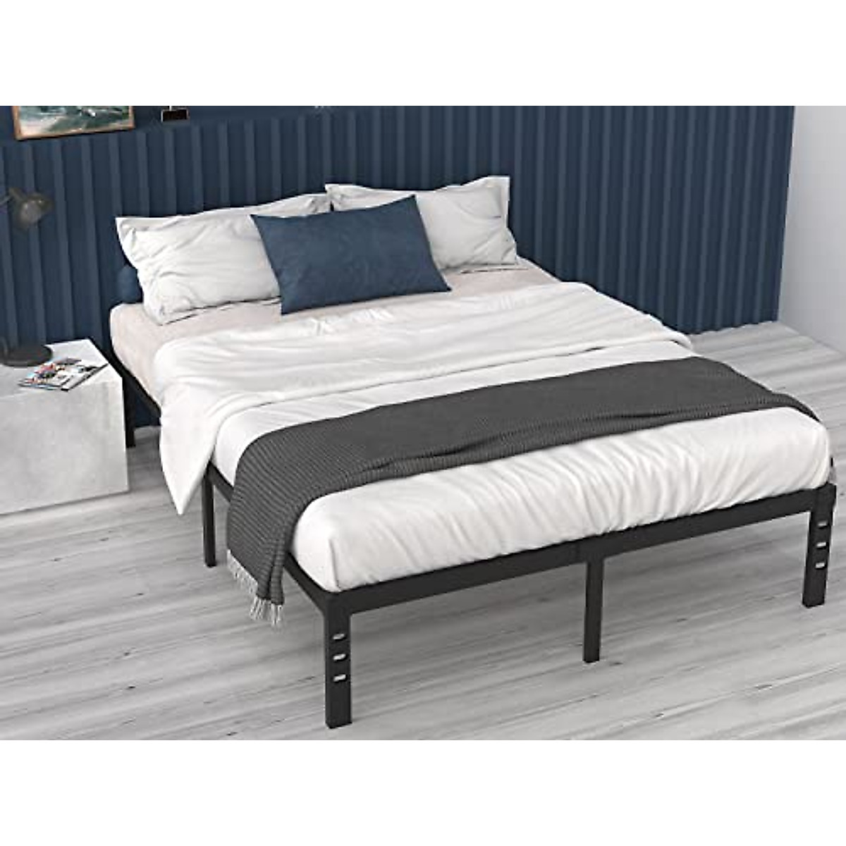 ONEMO King Size Bed Frame 18 Inch Height 3000lbs Heavy Duty Metal Pipe Platform Solid Wood Slats No Box Spring Needed Easy to Assemble Noise Free-Black