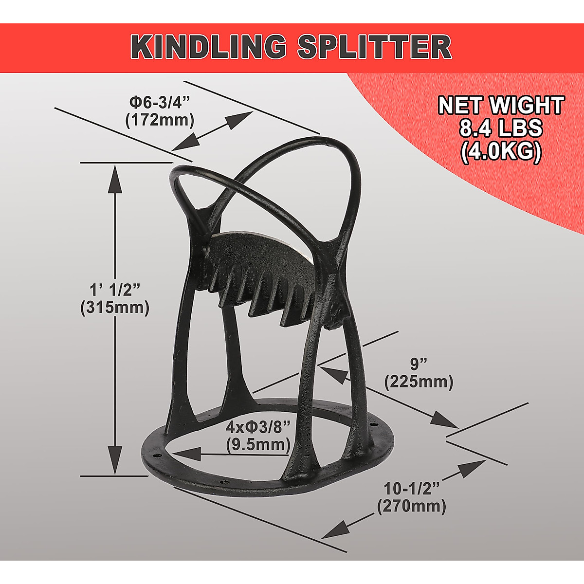 Kindling Splitter, Wood Splitter, Log Splitter, Manual Log Splitter, Firewood Splitter, Full Body Made from CAST Steel, Black