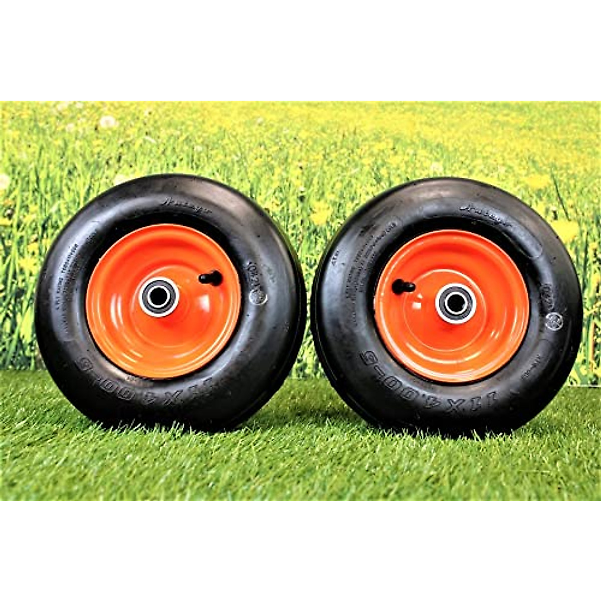(Set of 2) 11x4.00-5 Tires & 5.25 Kubota Orange Wheels 4 Ply for Lawn & Garden Mower