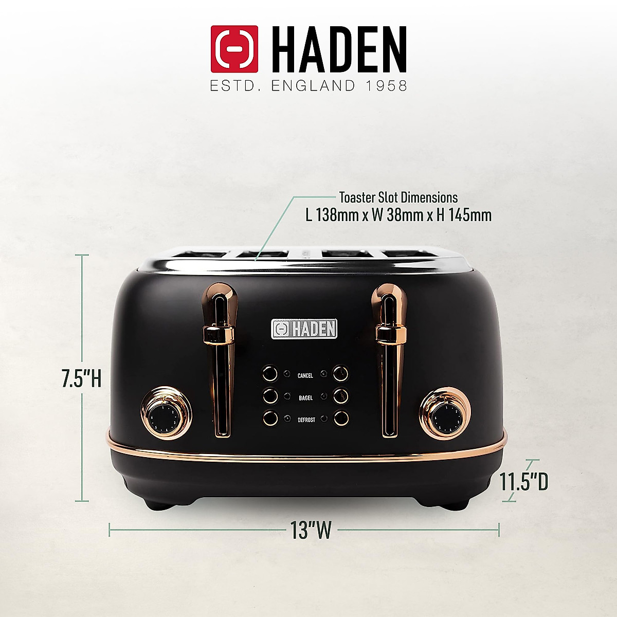 Haden Heritage 4 Slice Wide Slot Stainless Steel Toaster with Adjustable Browning Control & Non-Slip Feet, Black & Copper