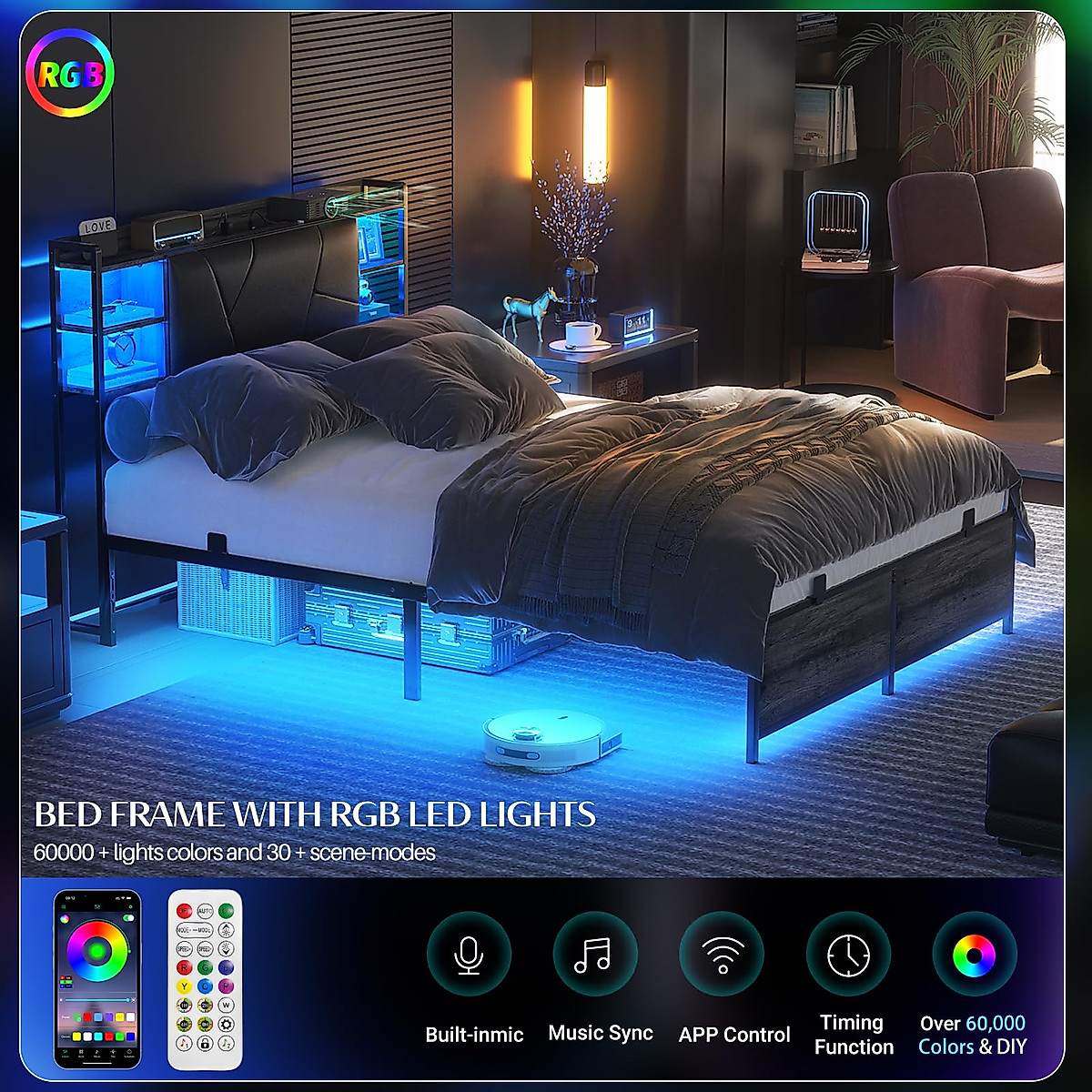 Unikito Full Size Bed Frame with Upholstered Headboard, Charging Station and RGB LED Lights, Stable Platform Bed, Heavy Duty Metal Slats, Noise Free, No Box Spring Needed, Easy to Assemble, Black Oak