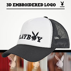 Playboy Trucker Hat, Mesh Adjustable Snapback Baseball Cap with Curved Brim, Black, One Size