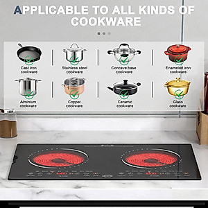 Hobsir 2 Burner Electric Cooktop 110v, Double Electric Stove Top Burner, 24 Inch Countertop and Built-in Electric Stove Top with Plug, LED Touch, Menu, Safety Lock for Kitchen Apartment RV Camp Stove