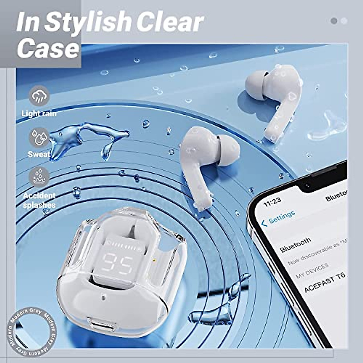 Air31 Wireless Earbuds Bluetooth 5.3, Wireless Earphones Transparent with Deep Bass Hi-Fi Stereo Sound, Bluetooth Headphone with Built-in Mic Charging Case Suitable for iPhone Android Laptop (White)