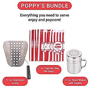 Poppy's Ultimate Popcorn Machine Supplies Bundle - Kernel Sifting Speed Scoop, Seasoning Dredge, 1-Ounce Popcorn Bags (100 Count) - Ideal Popcorn Supplies for Popcorn Machine, Commercial & Home Use