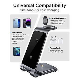 Lemoworld 15W Wireless Charger iPhone Fast Charging, 3 in 1 Wireless for Apple Charging Station Multiple Device [Metal] iPhone Charging Station for iPhone 15/14/13/12/11/Pro/Max/Apple Watch/Airpods