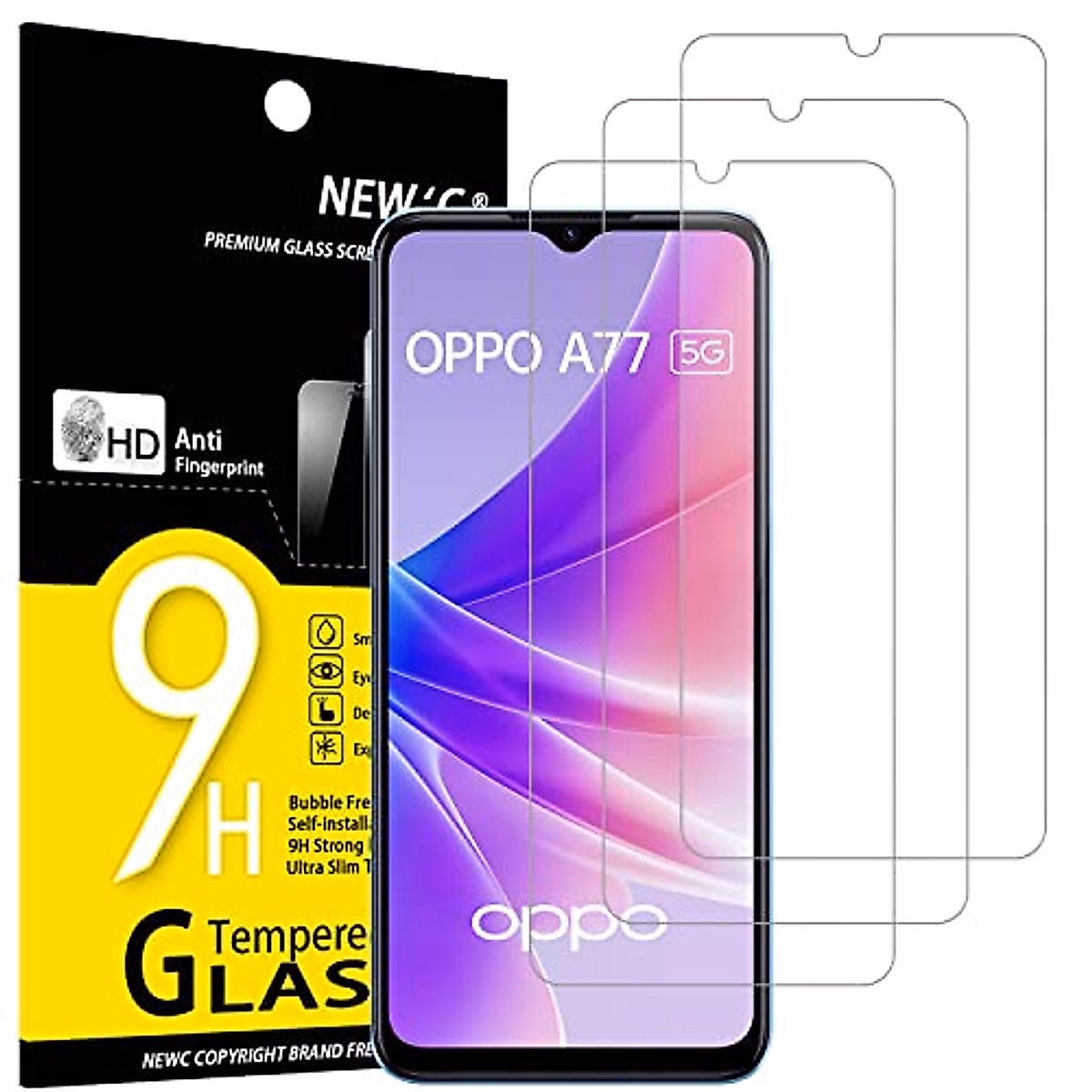NEW'C [3 Pack] Designed for OPPO A77 5G, OPPO A57 4G, A57s Screen Protector Tempered Glass, Case Friendly Ultra Resistant