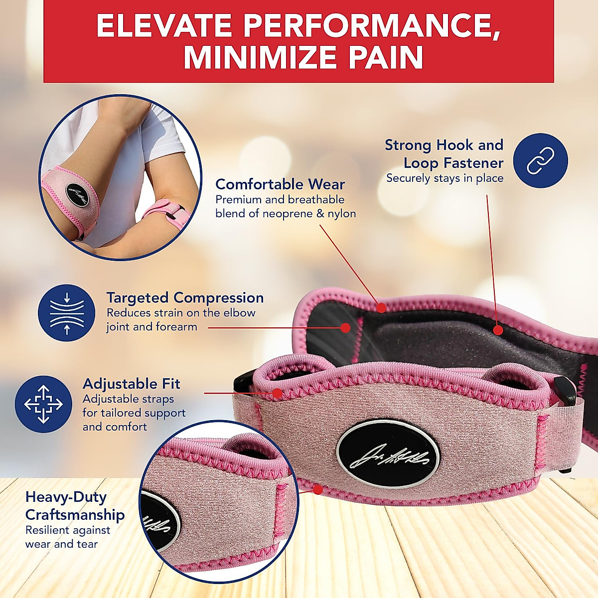 Tennis Elbow Brace & Adjustable Arm Band Support for Pain Relief for Tendonitis, Golfers Elbow Strap for Men and Women - Comfy Removable Arm Wrap for Daily Wear, Gym, Sports (Single, Pink)