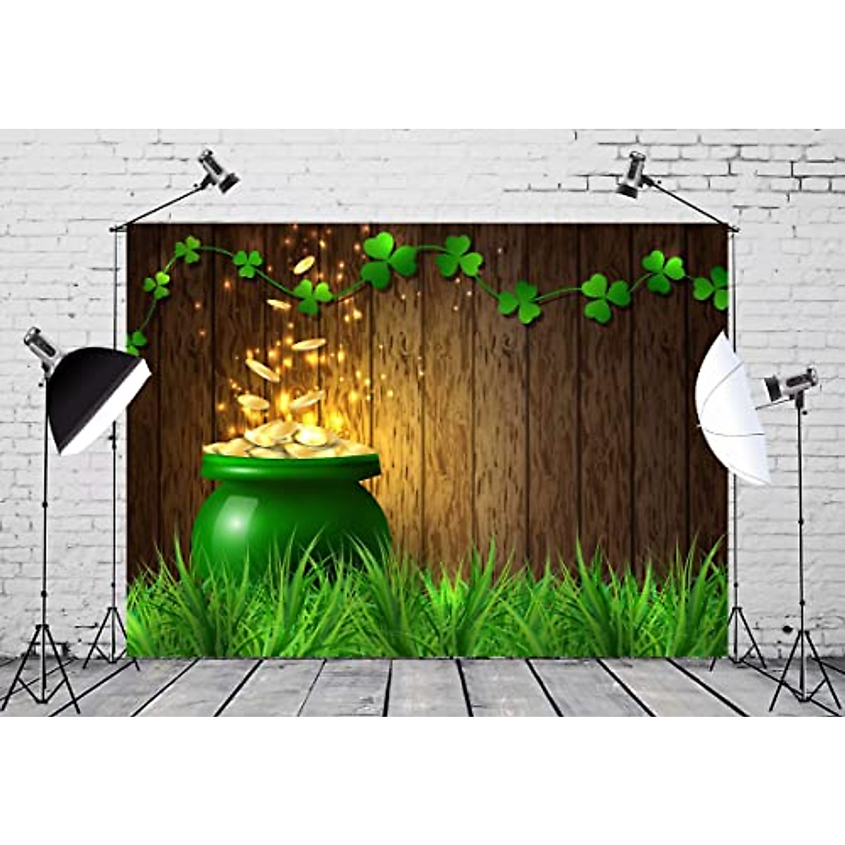 BELECO 7x5ft Fabric St. Patrick's Day Backdrop Pot of Gold Coins Wooden Wall Green Lucky Irish Shamrock Backdrops for Photography Holiday Party Supplies Banner Newborn Baby Kids Photo Background Props