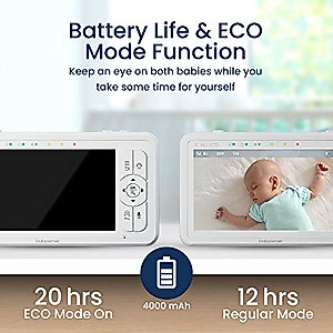 Babysense 5" HD Split-Screen Baby Monitor, Video Baby Monitor with Camera and Audio, Three HD Cameras with Remote PTZ, Night Light, 960ft Range, Two-Way Audio, 4X Zoom, Night Vision, 4000mAh Battery