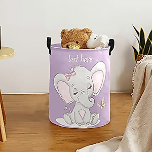 Personalized Butterfly Elephant Purple Laundry Hamper with Name Text Storage Clothes Basket Foldable Laundry Bag with Handles
