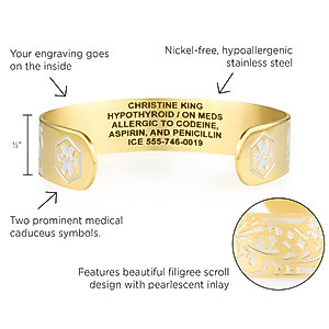 Lauren's Hope Custom Engraved Medical ID Cuff Bracelets for Women, Rose Gold, Silver and Gold (Gold Tone)