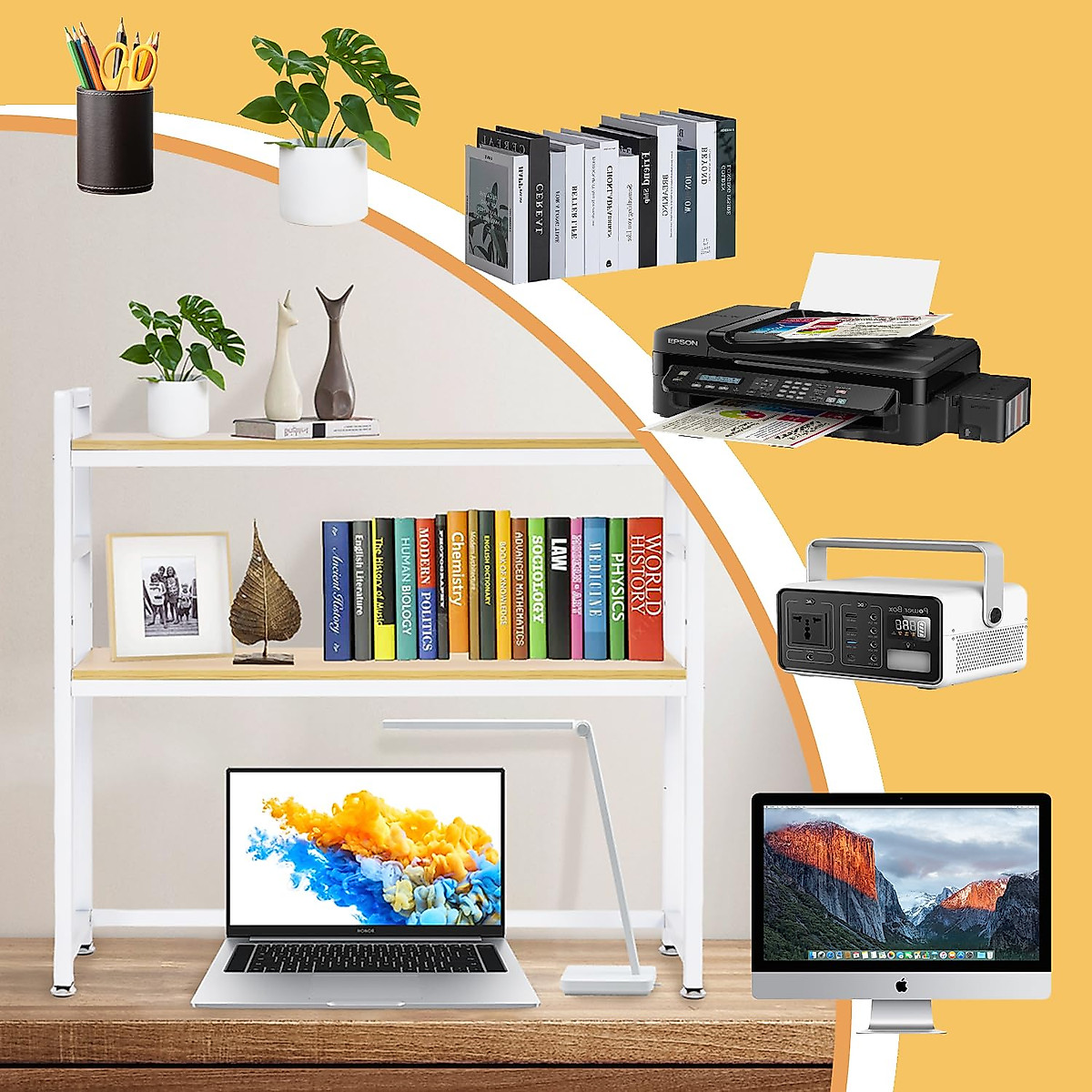 uyoyous Computer Desktop Bookshelf 2-Tier Multipurpose Wood Desk Hutch Bookcase for Computer Desk with Adjustable Shelf Display Rack Organizer, White