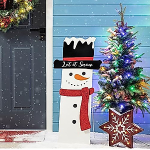 Glitzhome Metal Glittered Christmas Snowman Porch Décor Let It Snow Hanging Sign/Standing Porch Sign Merry Christmas Welcome Sign Holiday Party Outdoor Indoor Xmas Wall Display, 36”H