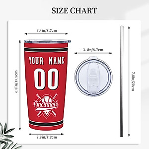Cincinnati Custom Baseball 20oz Tumbler,Add Personalized Name And Number,Personalized Travel Coffee Mug, Stainless Steel, Insulated, Keep Drinks Cold And Hot,Gifts For Baseball Fans