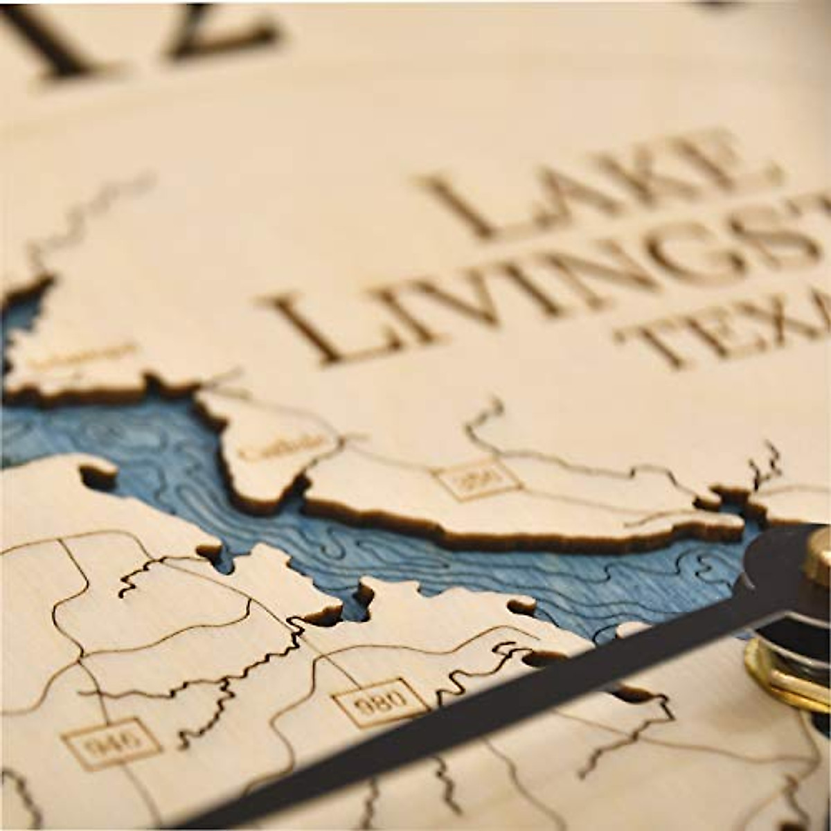 Sea & Soul Lake Livingston 3-D Nautical Wood Chart 12" Wall Clock, Handcrafted in The USA, Topographic Water Map Clock, Carved Lake Art Wall Clock, Coastal Décor (Blue Green)