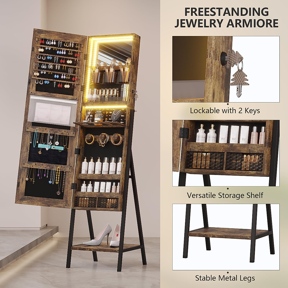 jajov 47.2" LED Jewelry Cabinet Armoire, Standing Full-Length Mirror With Jewelry Storage, Jewelry Organizer Armoire, Lockable Jewelry Mirror Cabinet (Rustic Brown)