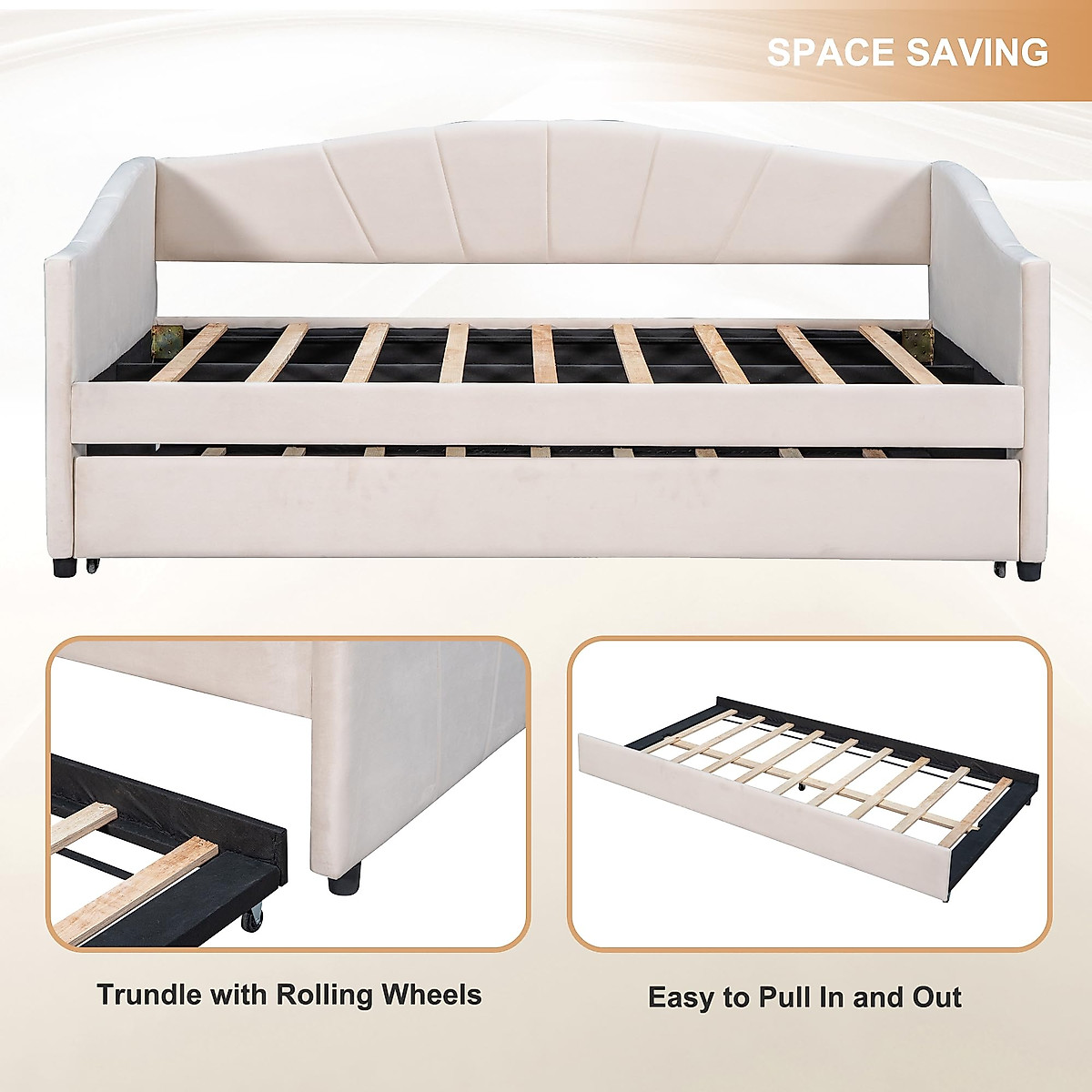 Flieks Twin Size Upholstered Daybed,Solid Wood Sofa Bed Frame Daybed Couch with Trundle Bed and Wood Slat,Beige