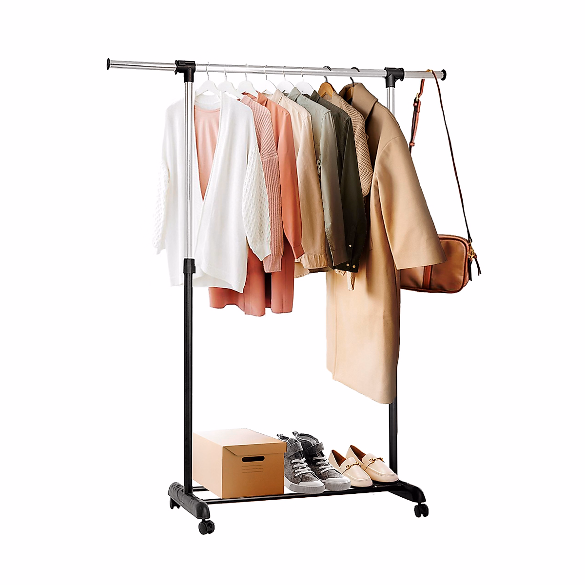 ikloo Clothing Rack with Wheels for Hanging Clothes | Extendable and Adjustable Garment Racks | Freestanding Rolling Closet Laundry Racks for Drying | Portable Clothes Organizer with Shelves | Chrome
