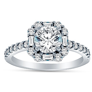 Size 4 - Solid 14k White Gold CZ Cubic Zirconia Halo Bridal Engagement Ring w/Matching Wedding Band Two Ring Set - Round Brilliant Cut Solitaire with Baguette Side Stones (2.75cttw., 1.0ct. Center)
