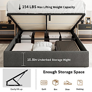 iPormis Queen Size Lift Up Storage Bed Frame with Charging Station, Upholstered Platform Bed Frame with Headboard, Hydraulic Storage, No Box Spring Needed, Noise-Free, Easy Assembly, Dark Grey