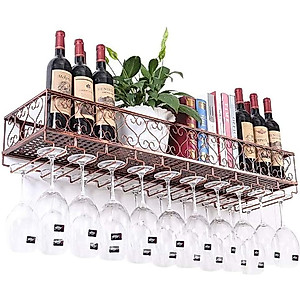 Wine Rack Wall Floating Wine Shelf, Wall Mounted Wine Glass Holder Vintage Wine Bottle Racks Stemware Holder, Wall Shelf Storage Organizer Rack (Color : Brozen, Size : 120×25cm(47×