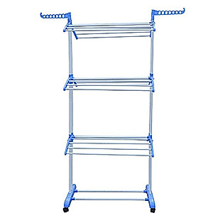 TFCFL 66” 3 Tier Clothes Drying Rack, Upthehill Collapsible Rolling Stainless Laundry Dryer Hanger with Foldable Wings and Casters Collapsible Garment Laundry Rack for Indoor/Outdoor (Blue)