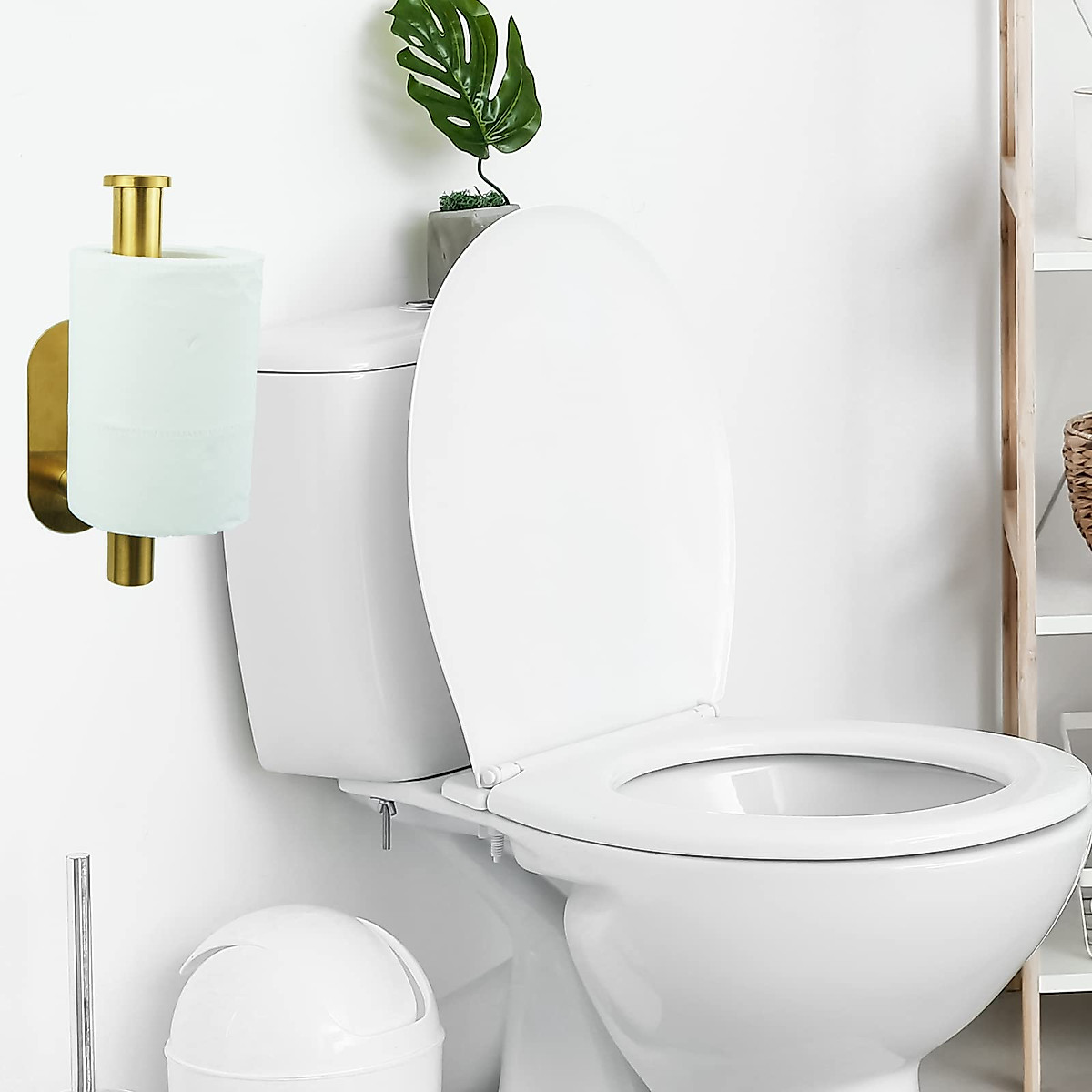 Self Adhesive Toilet Paper Holder, 304 Stainless Steel Wall Mounted Toilet Paper Holder, Adhesive Mounting, No Drilling Toilet Paper Holder Suitable for Bathroom, Kitchen, Toilet, RV(Brushed Gold)