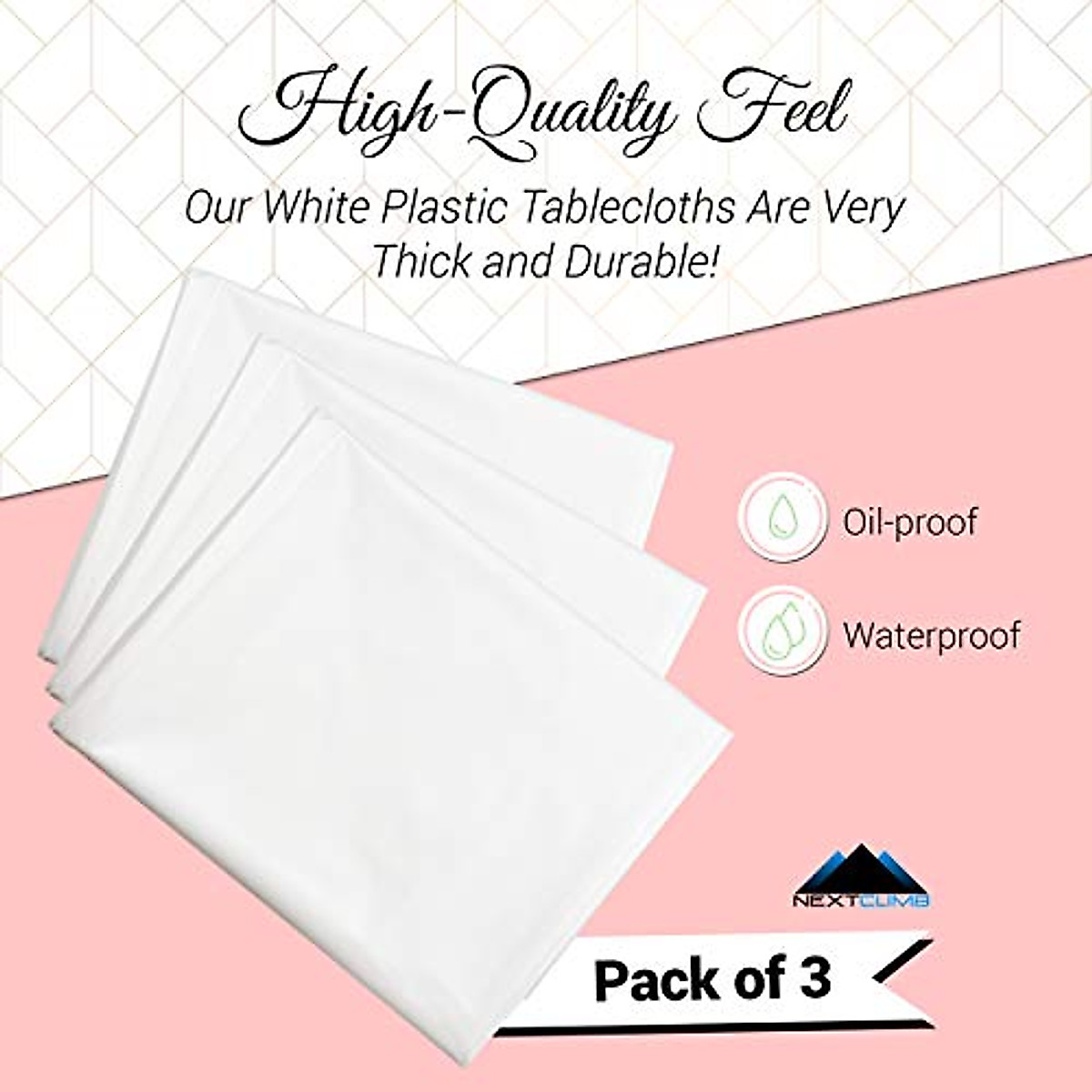 NextClimb Rectangle Vinyl Tablecloth (3 Pack) 54 x 108 inches - THICKEST Heavy Duty Table Cloth - Disposable Or Reusable White Plastic Outdoor Party Table Covers
