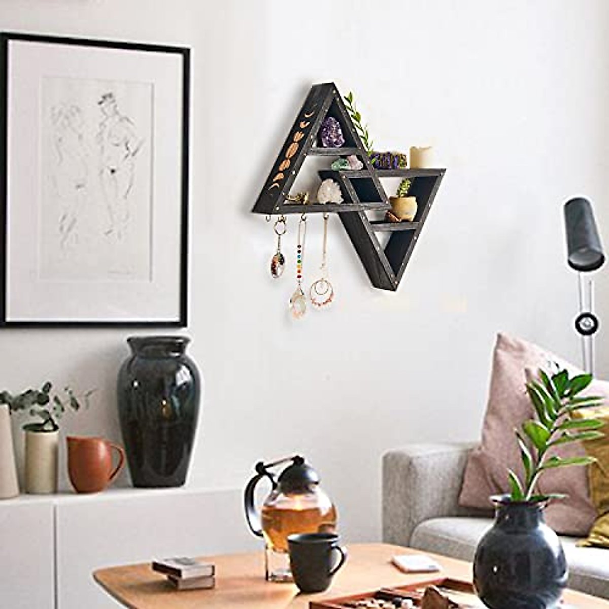 Sysnocon Triangle Crystal Shelf Display with Hooks, Moon Shelf for Witchy Room Decor Triangle Shelf for Crystal Stones Display, Crystal Holder Crystal Organizer Shelf for Living Room, Bed Room