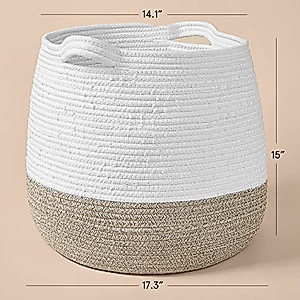 LA JOLIE MUSE 15” Large Cotton Rope Storage Basket with Handles, Versatile Organization and Storage Bin Organizer, Natural and Safe for Baby and Kids, 15”H*14.2”D, White & Desert