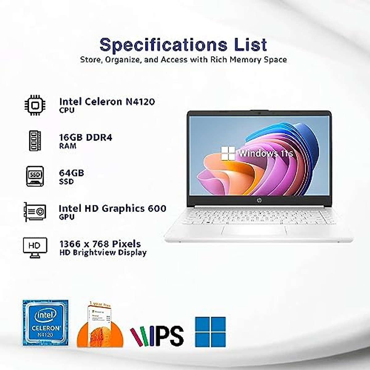 HP Stream 14" HD Thin and Light Laptop, Intel Celeron N4120, 16GB RAM, 64GB eMMC Storage, Long Battery Life, HD Webcam, HDMI, White, Office 365 1-Year, Windows 11 S, 128GB Cuertns MicroSD