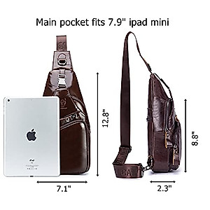 BULLCAPTAIN Men Sling Chest Bag Genuine Leather Casual Multipurpose Crossbody Shoulder Backpack Travel Hiking Daypack (Brown)