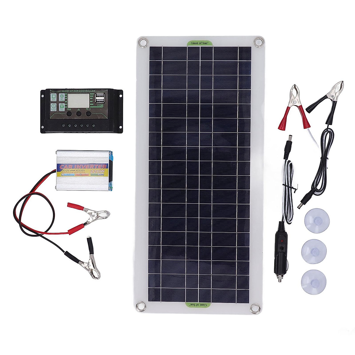 Solar Panel, 12V 30W Portable Solar Panel Kit with 220W Inverter Controller Polysilicon High Efficiency 2 USB Port for RV Boat Car