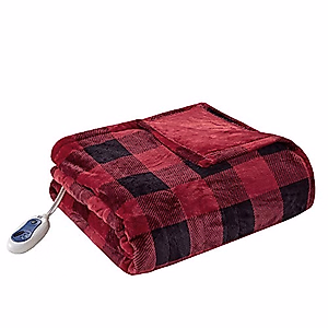 True North by Sleep Philosophy Buffalo Plaid Electric Blanket Throw Ultra Soft Plush Auto Shut Off with 3 Heat Level Setting Controller, Oversized - 5 Years Warranty, 60x70", Red