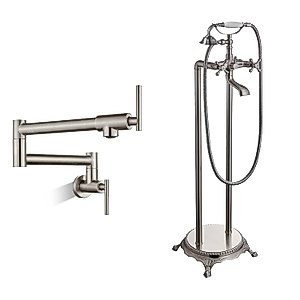 Cinwiny Pot Filler Wall Mount Kitchen Restaurant Sink Faucet Stainless Steel Floor Mounted Bathtub with Brushed Nickel Freestanding Faucet Tub Filler With Handheld Shower Spray