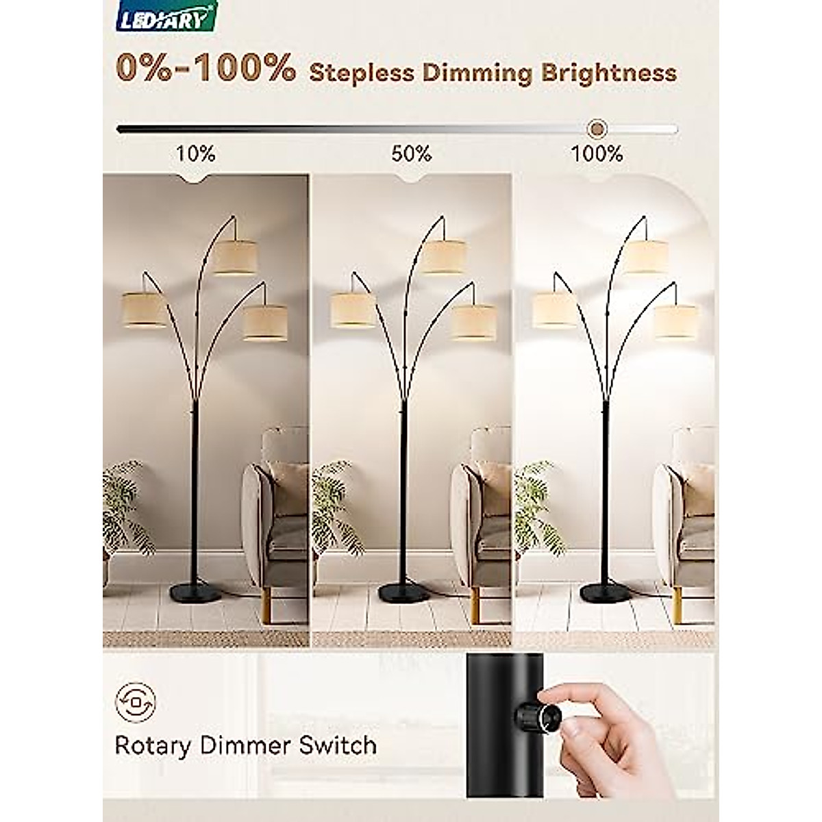 LEDIARY 3 Light Arc Floor Lamp, 82.7" Modern Black Floor Lamp for Living Room, 2400LM Tall Standing Lamp, Mid Century Tree Floor Lamp for Bedroom Office, 3 LED Bulbs Included