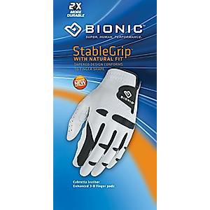 Bionic Gloves –Men’s StableGrip Golf Glove W/Patented Natural Fit Technology Made from Long Lasting, Durable Genuine Cabretta Leather, White, Large