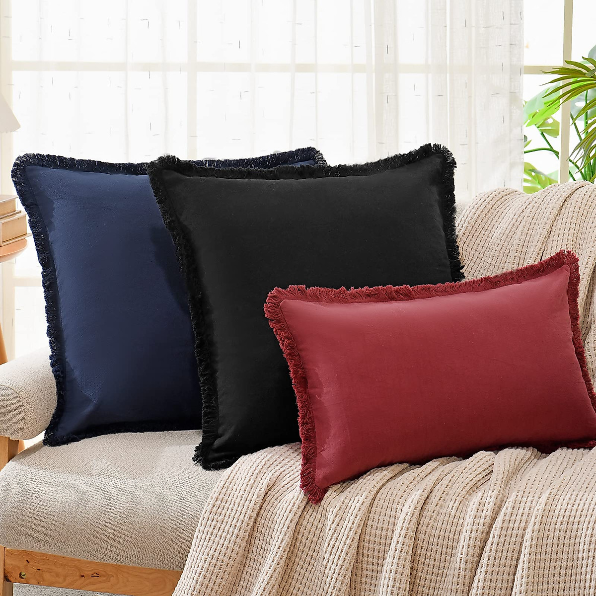 ZWJD Pillow Covers 18x18 Set of 2 Black Throw Pillow Covers with Fringe Chic Cotton Decorative Pillows Square Cushion Covers for Sofa Couch Bed Living Room Farmhouse Boho Decor