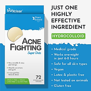 Truly Clear Hydrocolloid Acne Pimple Patches for Face & Body - 72 Count, Ideal for Cystic Acne, Zit & Blemishes - Cruelty Free Acne Dot, Spot Stickers, Acne Cover Patch - Overnight Results